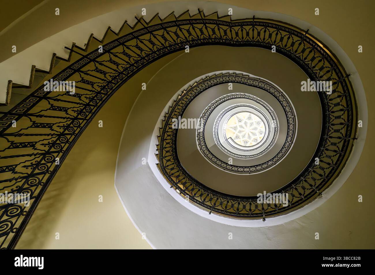 Artistic spiral staircase with intricate railing and central skylight ...