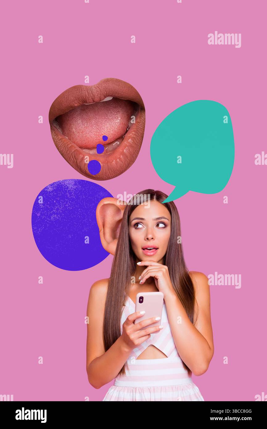 Poster banner collage of person with ear listen mouth speaking bubble ...