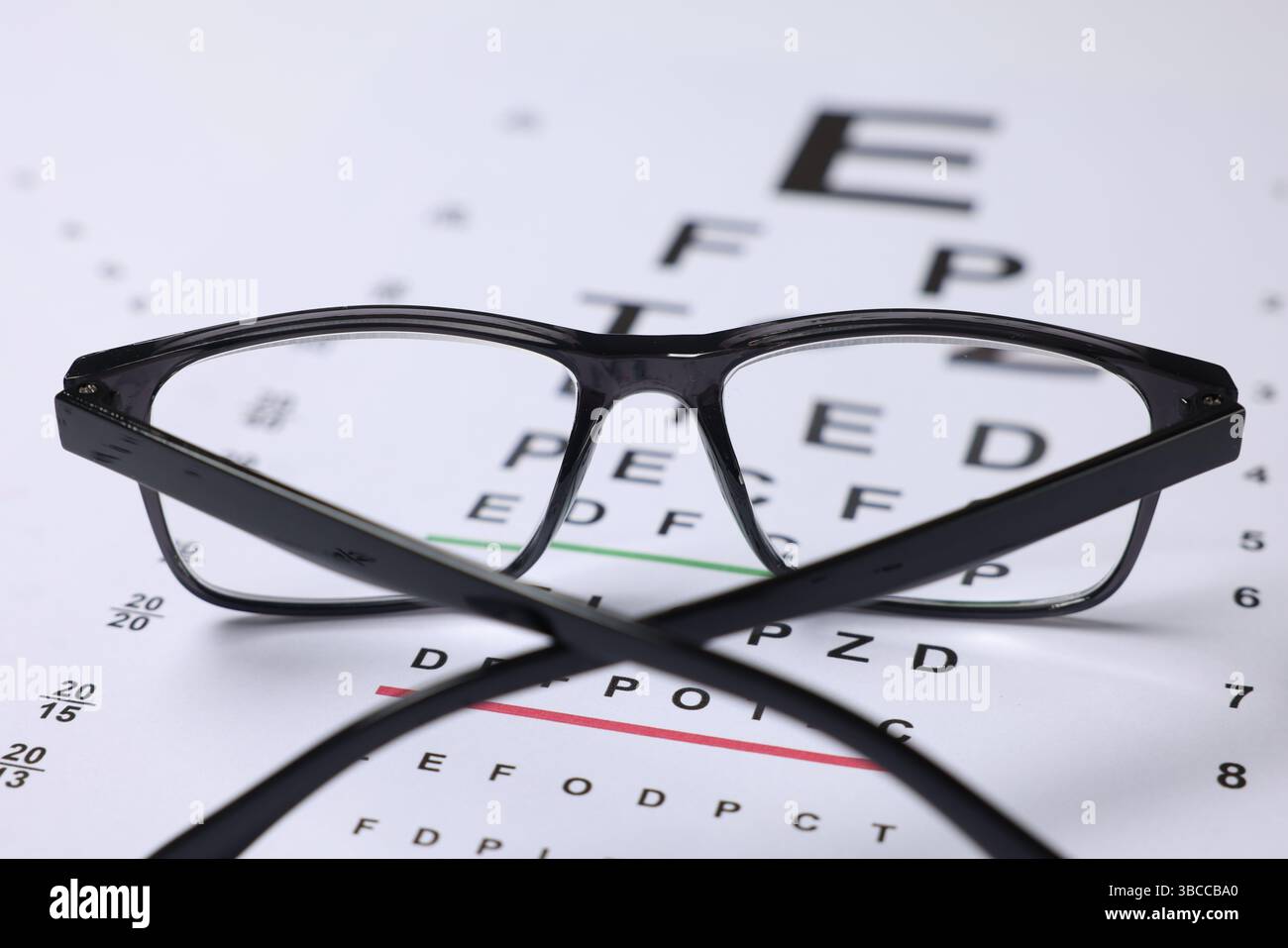Glasses on vision test charts as background, closeup Stock Photo - Alamy