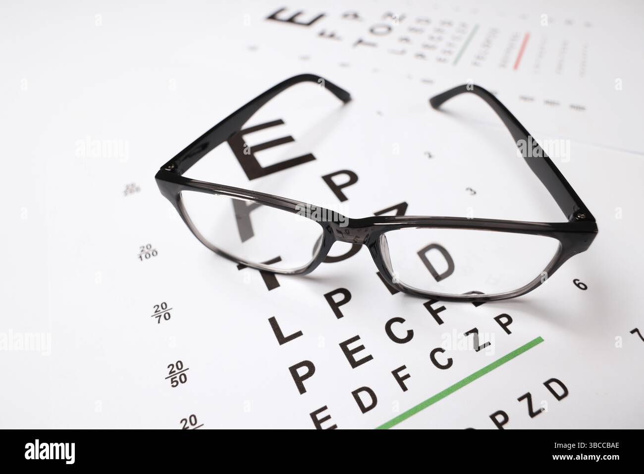 Glasses on vision test charts as background, closeup Stock Photo - Alamy