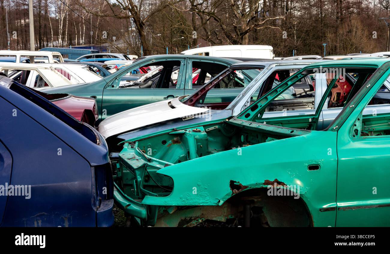 A scrap yard full of car wrecks that were cleared from interior and ...