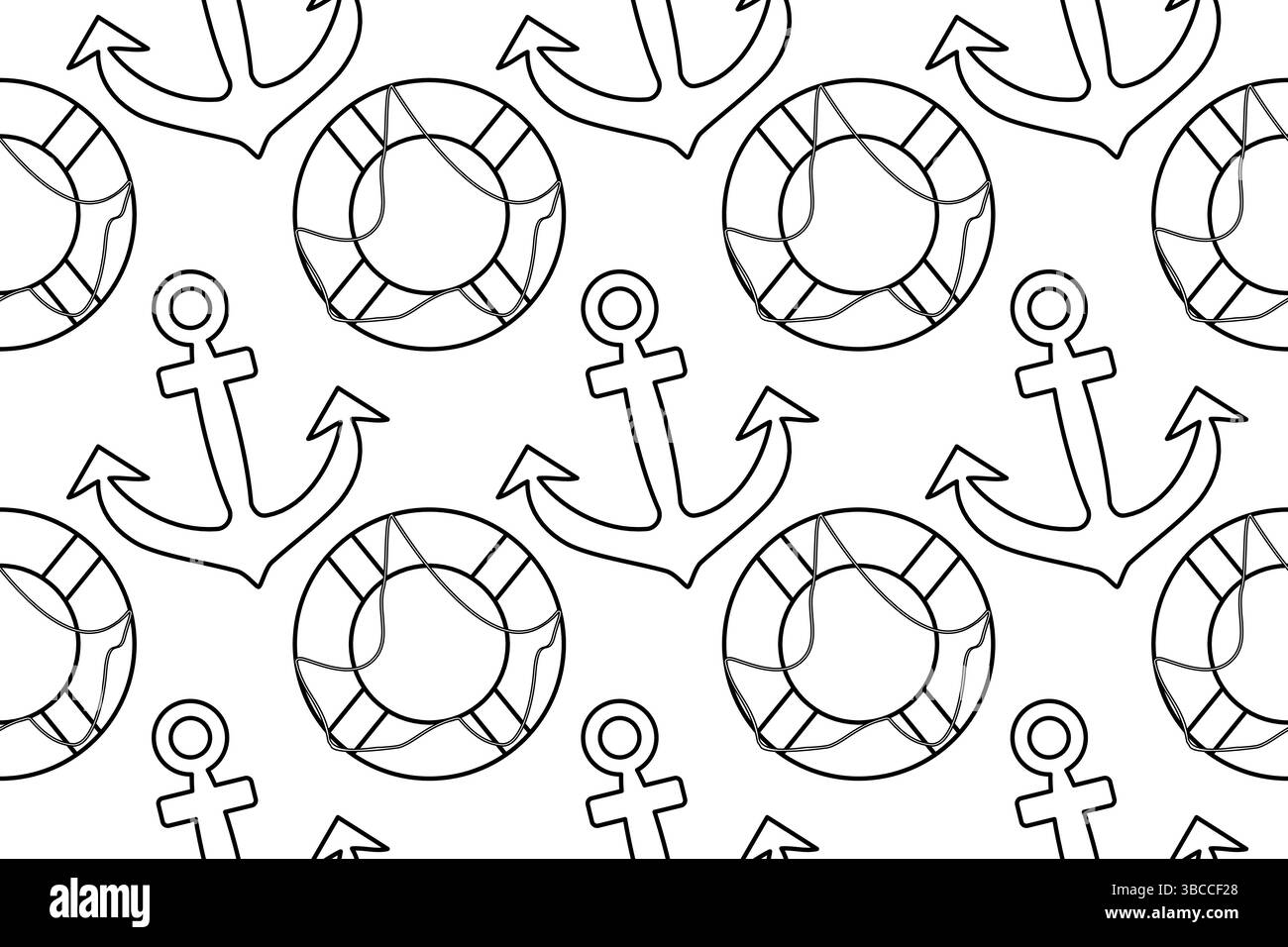 Coloring page. Summer seamless nautical pattern with life buoys, and ...