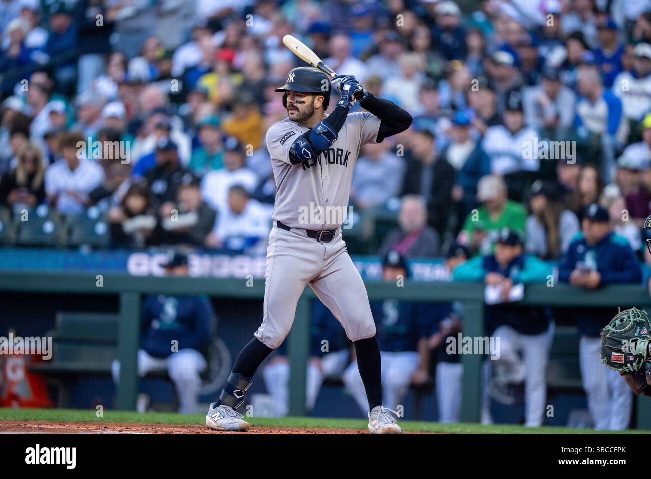 New York Yankees' Austin Wells waits for a pitch during an at-bat in a ...