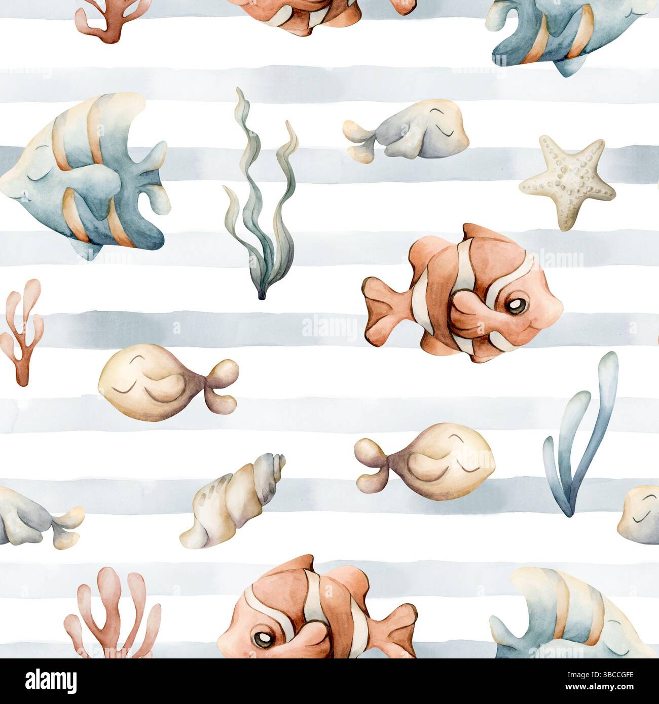 Sea Fishes Shells Seaweeds. Watercolor hand painted summer blue striped ...
