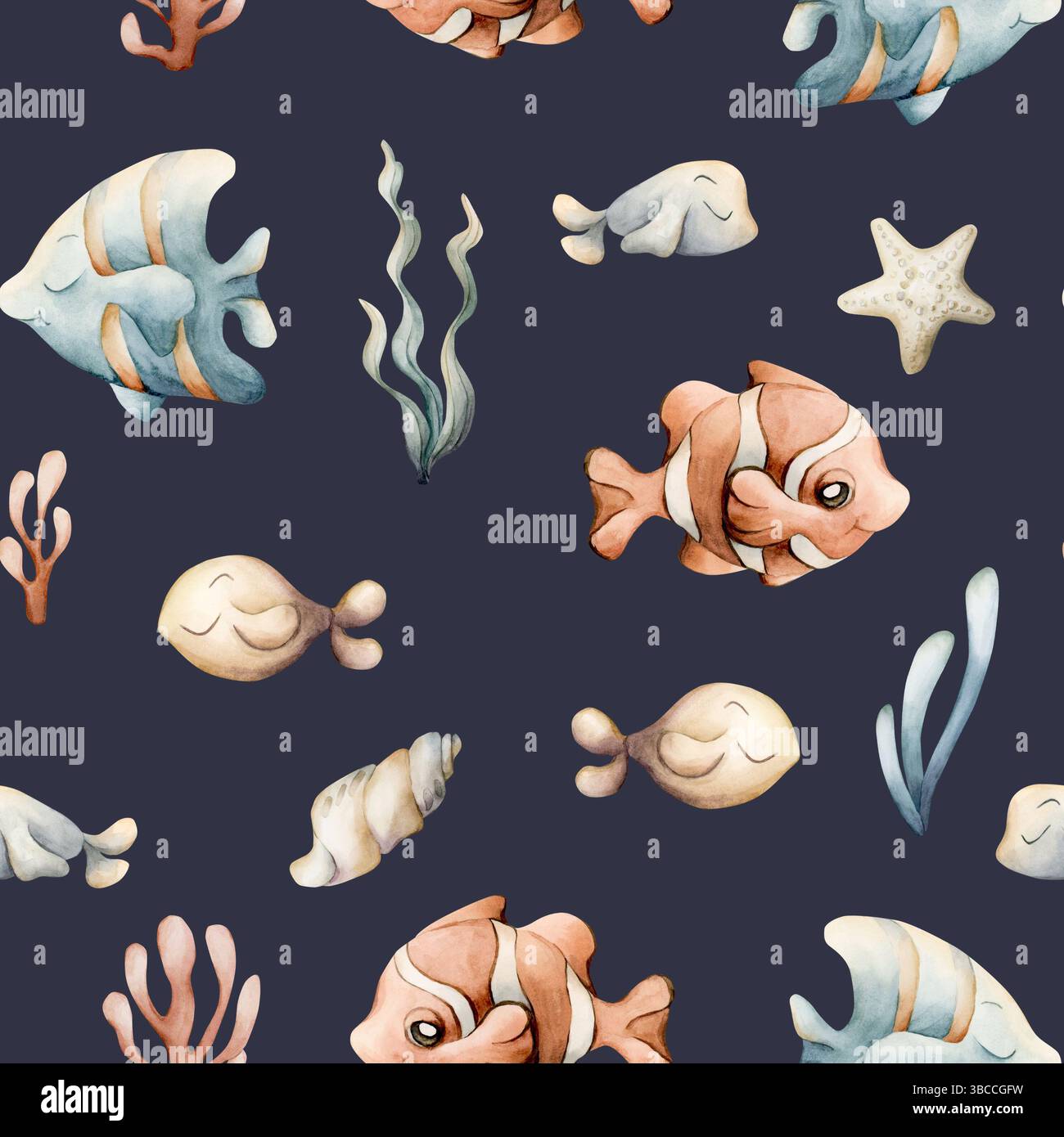 Sea Fishes Shells Seaweeds. Watercolor hand painted summer seamless ...