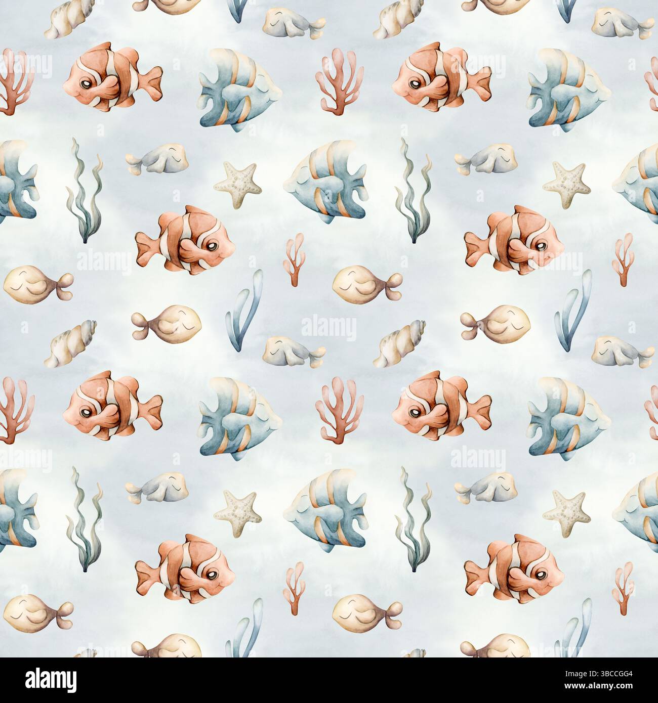 Sea Fishes Shells Seaweeds. Watercolor hand painted summer seamless ...