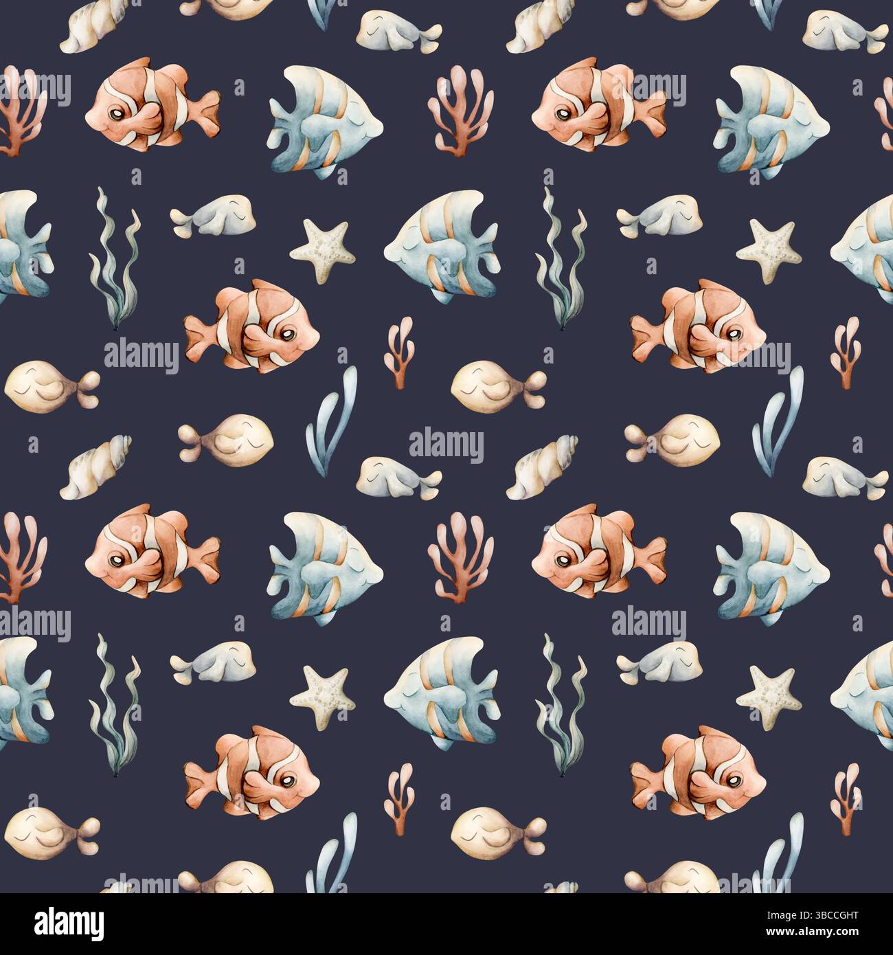Sea Fishes Shells Seaweeds. Watercolor hand painted summer seamless ...