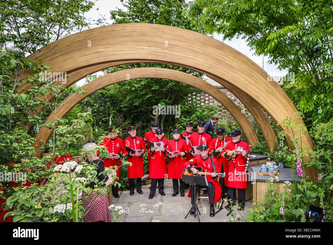 London, UK. 19th May, 2025. Chelsea Pensioners sing a celebratory song ...