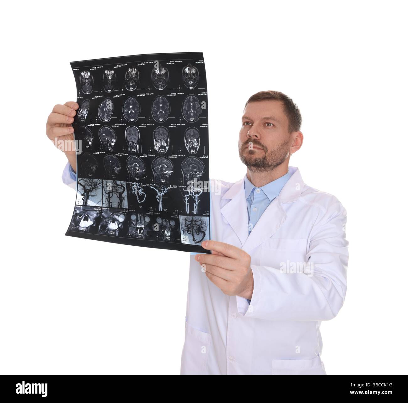 Doctor examining brain MRI scan in clinic on white background Stock ...