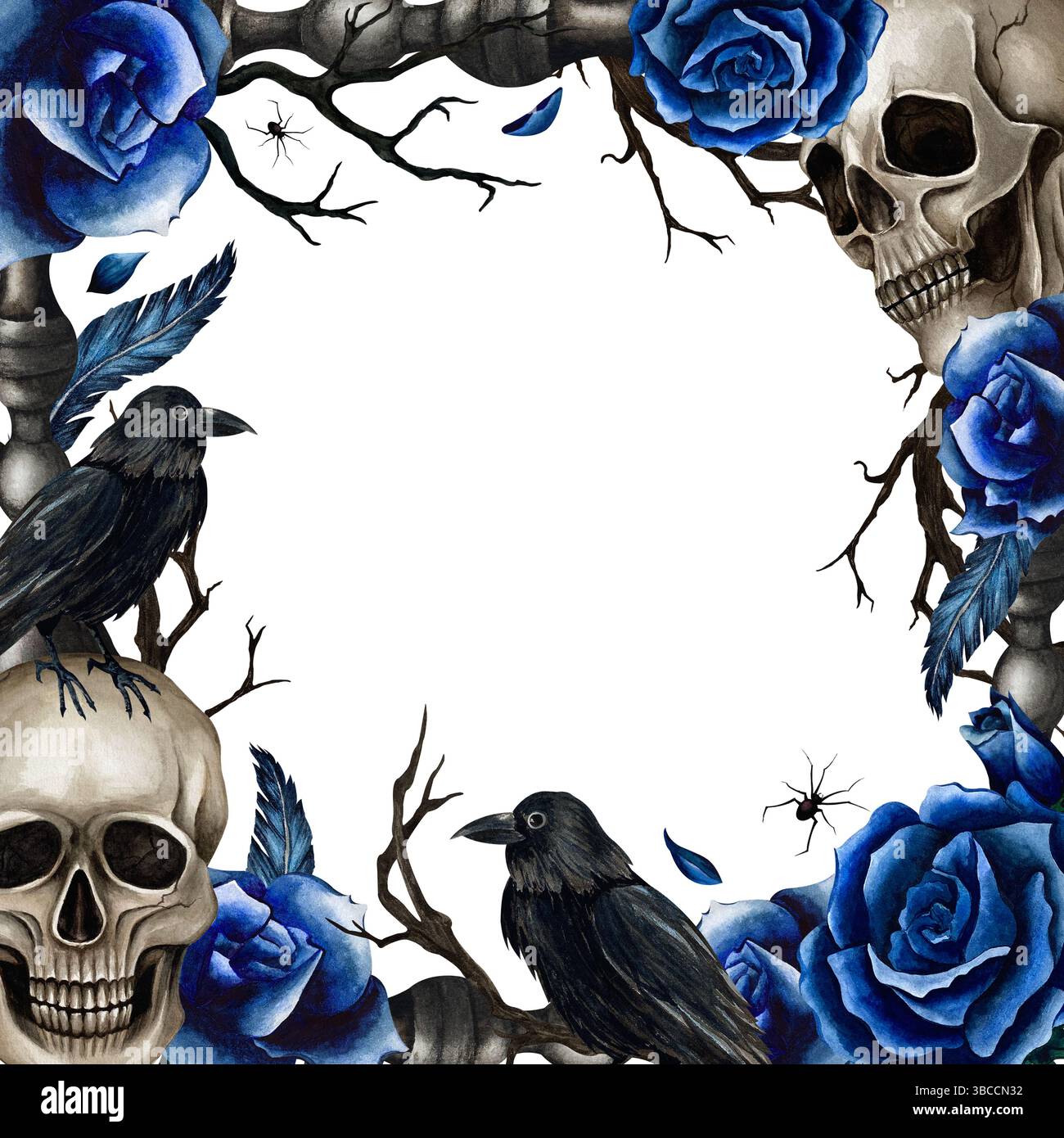 Frame with black crow, skulls, blue roses, dry branches, spider and ...