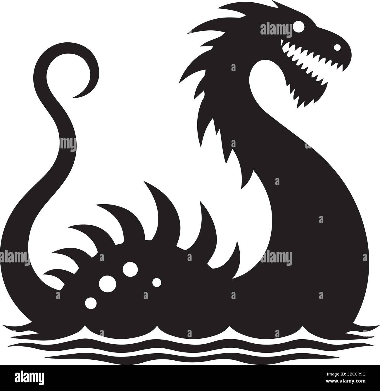 Sea Monster Dragon Silhouette Emerging from Water Waves Black Vector ...