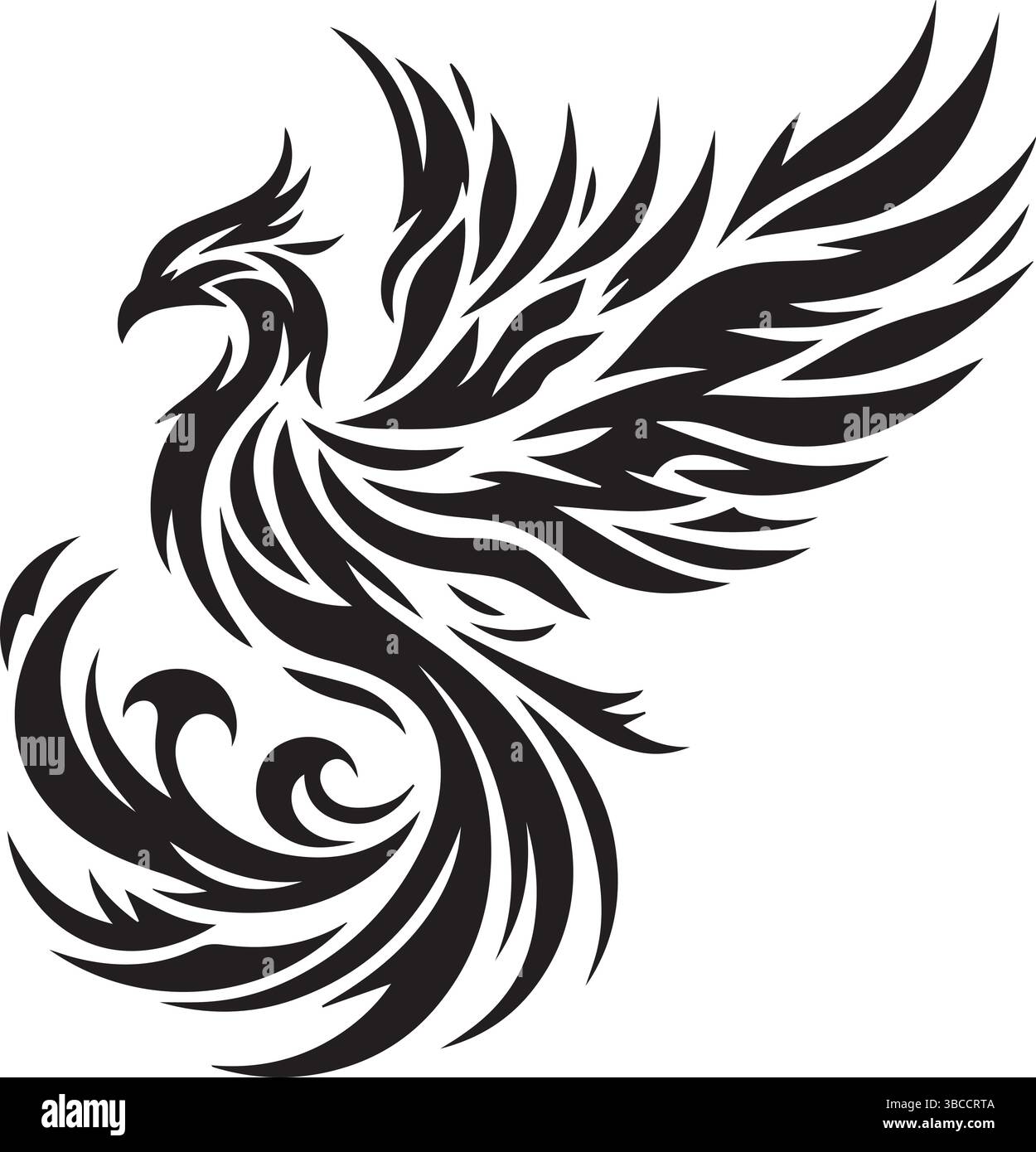 Intricate Black Phoenix Silhouette with Spread Wings and Curved Tail ...