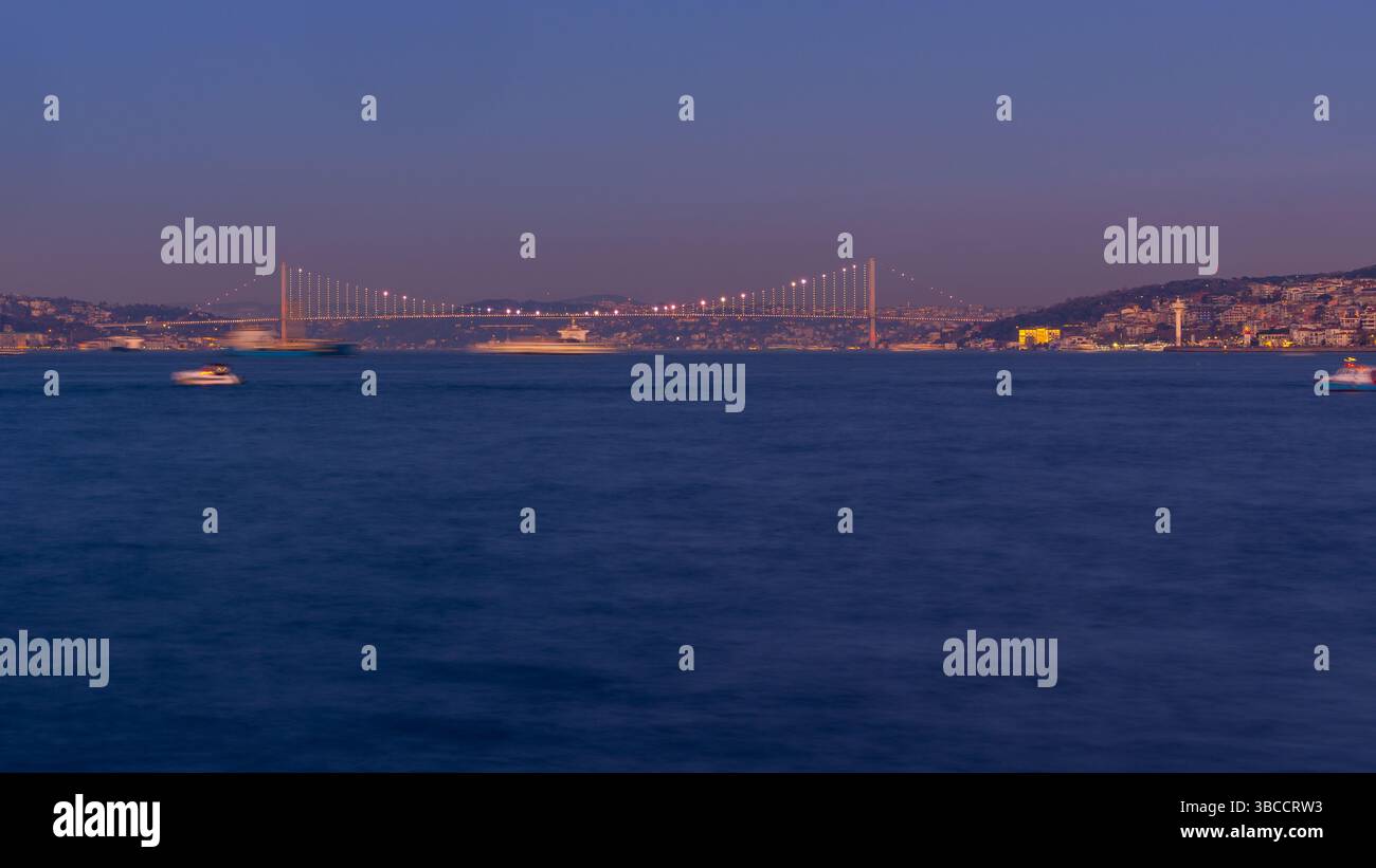 Night view of the Bosphorus and the Bosphorus Bridge. Istanbul, Turekey ...