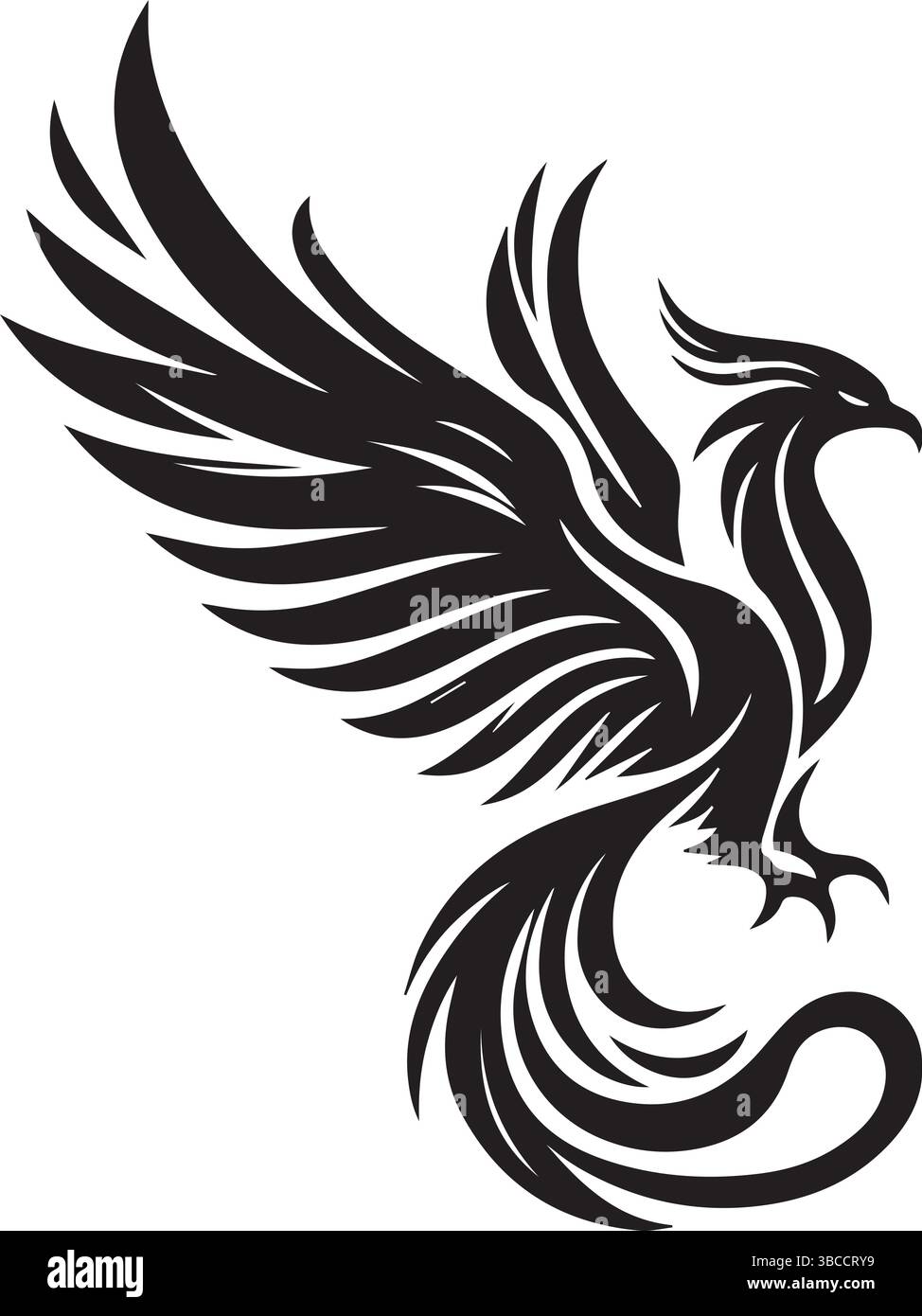 Stylized Black Phoenix Bird Silhouette with Spread Wings for Mythical ...
