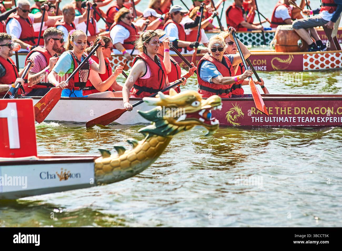 Dragon boat racing in aid of charity on Fairhaven Lake in Lytham,UK ...