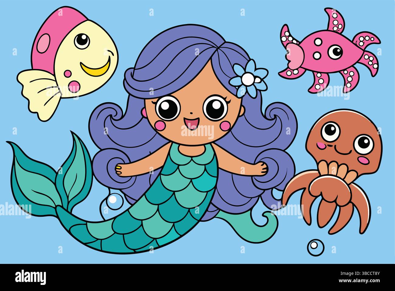 Cute Kawaii Mermaid with Sea Creatures Cartoon Illustration Colorful ...