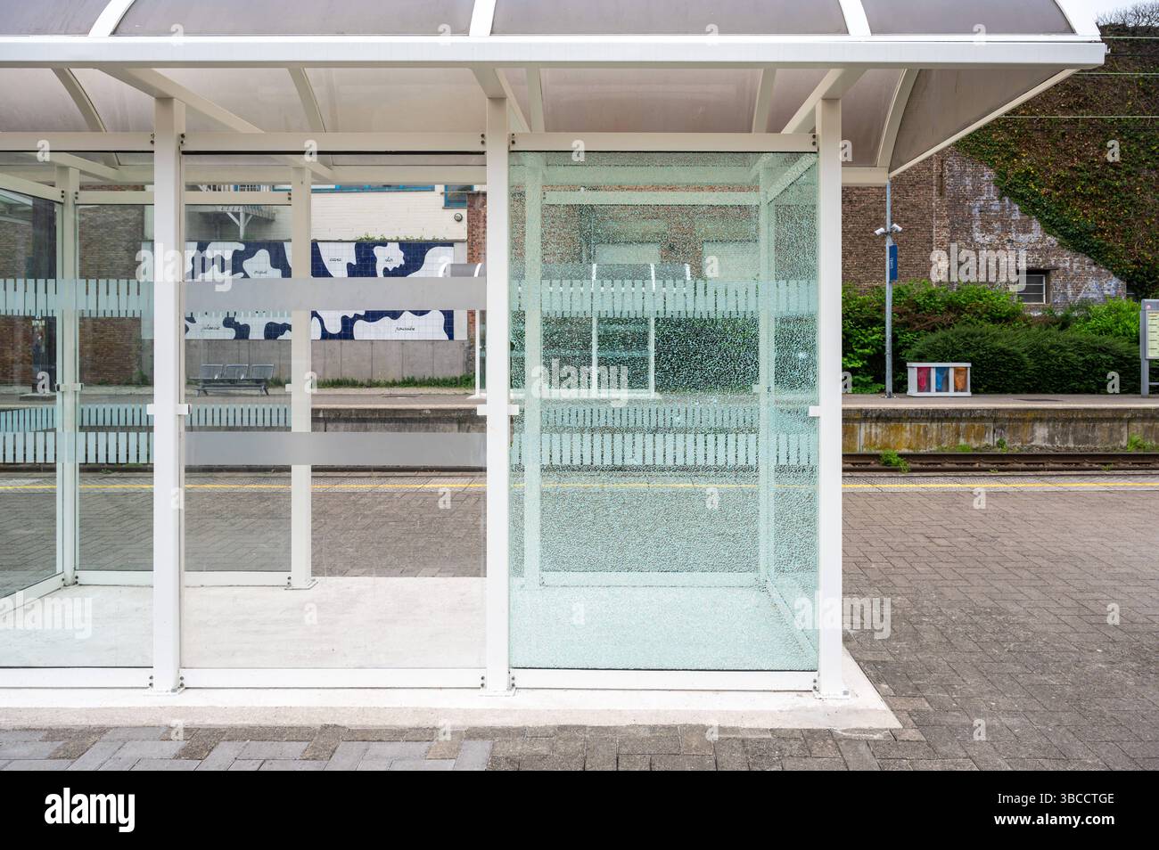 Broken glass due to vandalism at the railwat station of Jette, Brussels ...