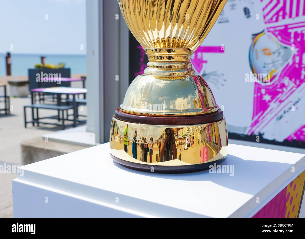 Brighton & Hove, UK. 19th May, 2025. Brighton i360 host the new Women's Rugby World Cup trophy ...
