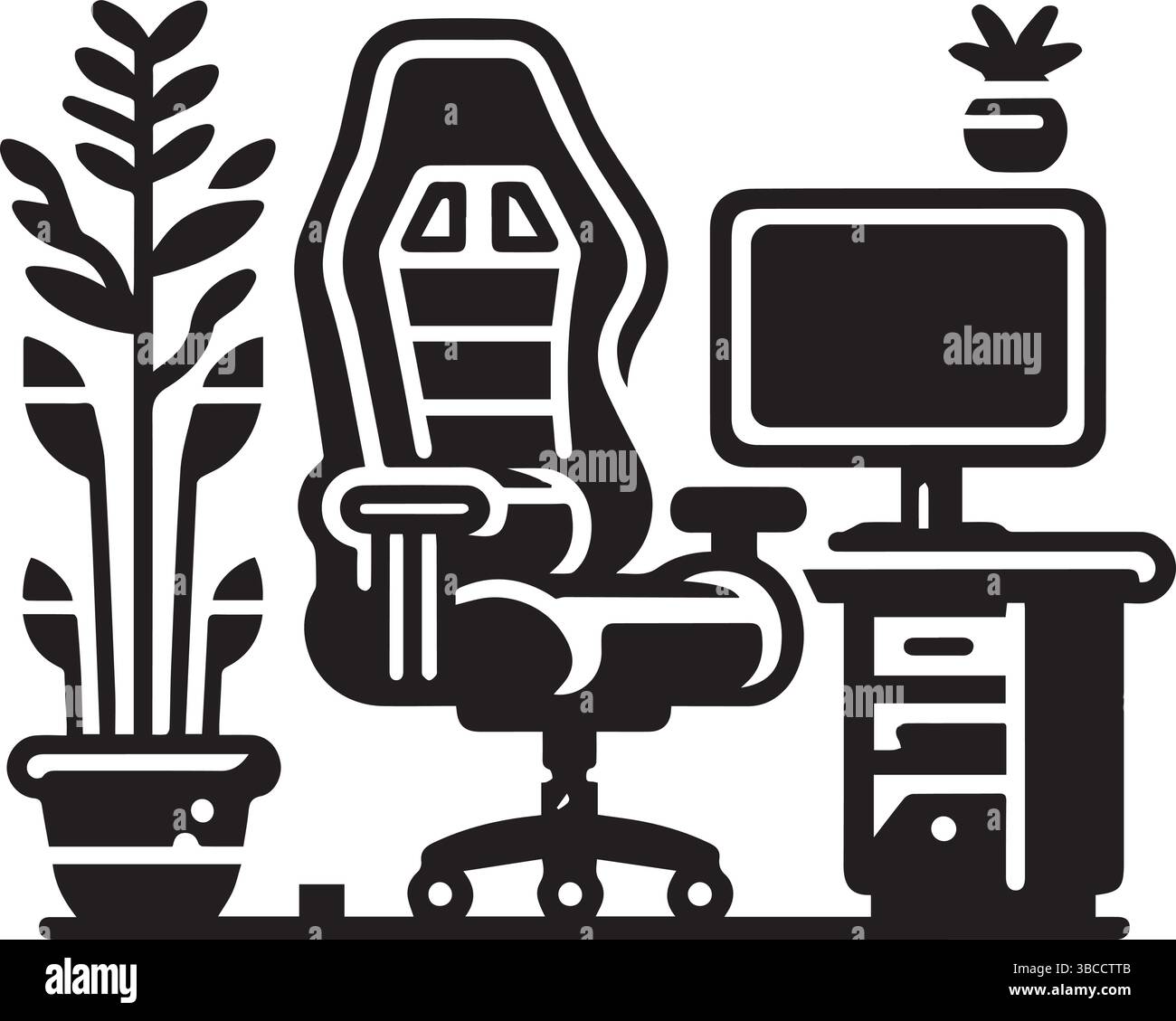 Modern Black and White Gaming Setup Silhouette with Chair, Desk, and ...