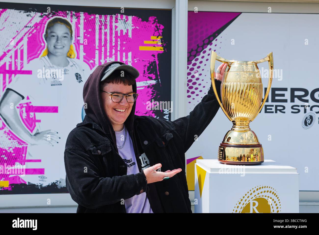 Brighton & Hove, UK. 19th May 2025. A rugby fan posing next to the new ...