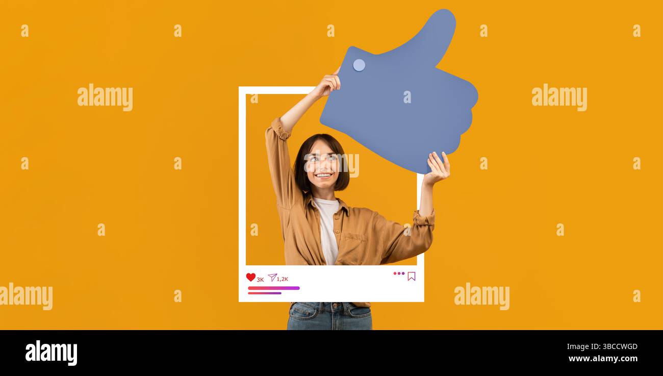 Influencer celebrating social media achievements with a thumbs up ...