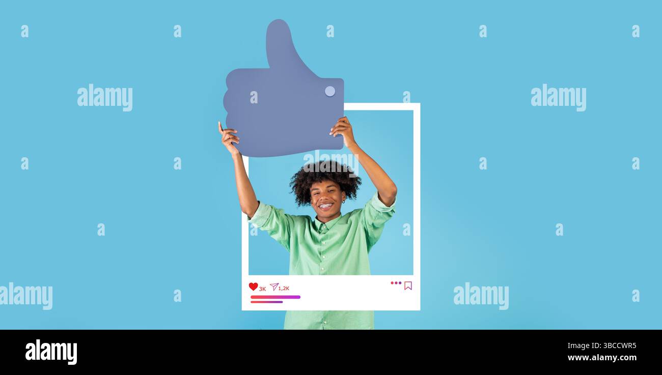 Influencer celebrating engagement with a thumbs up against a bright ...