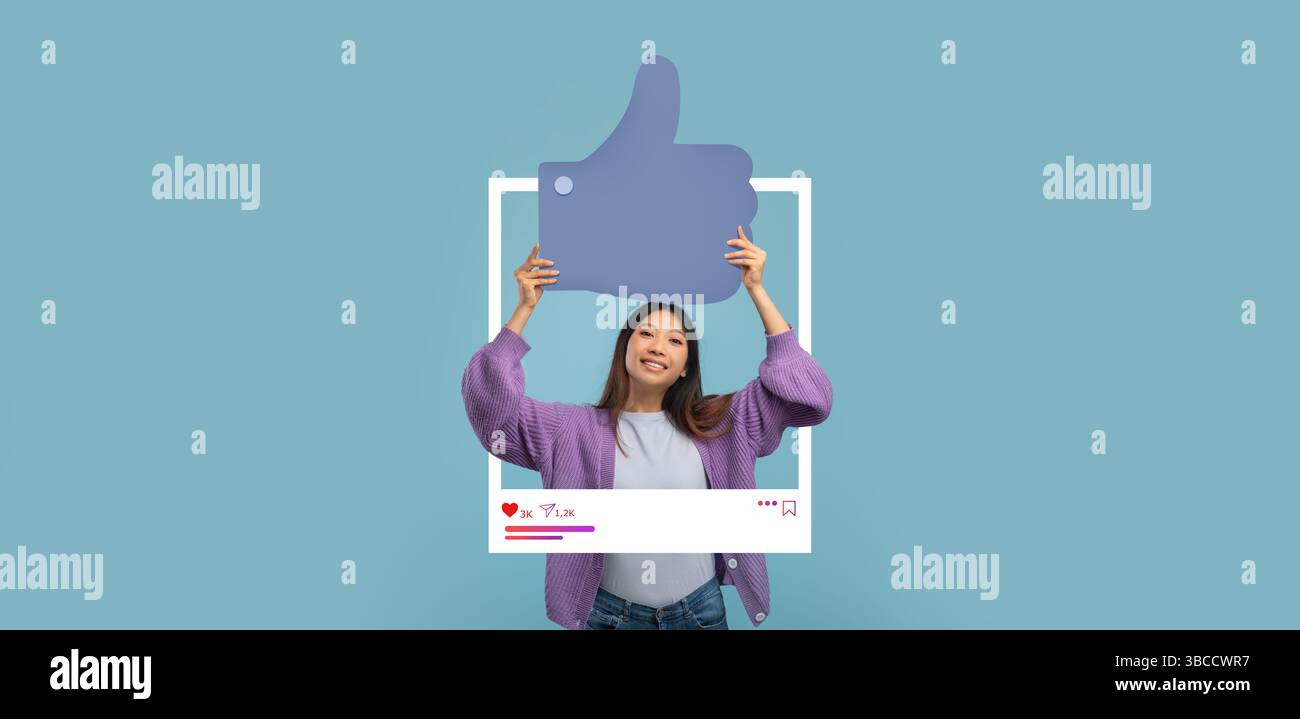 Influencer celebrating engagement with thumbs up for social media ...