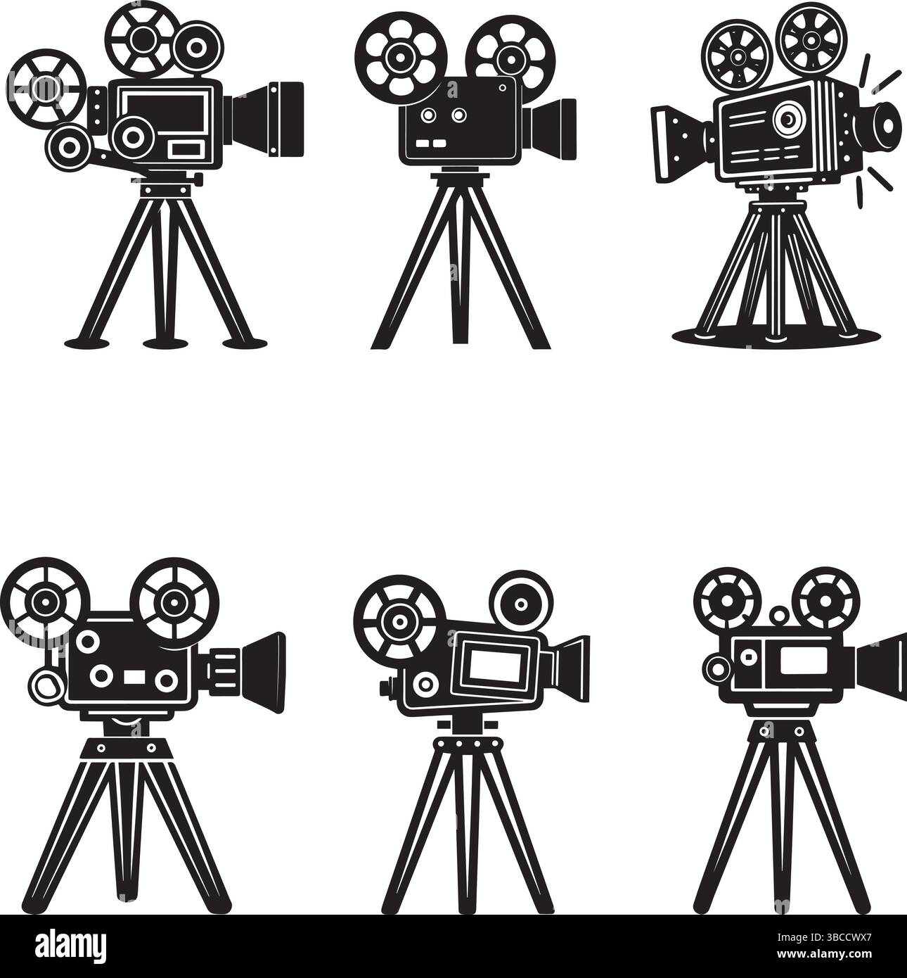 Vintage Movie Camera Silhouettes Collection Set Black Film Equipment ...