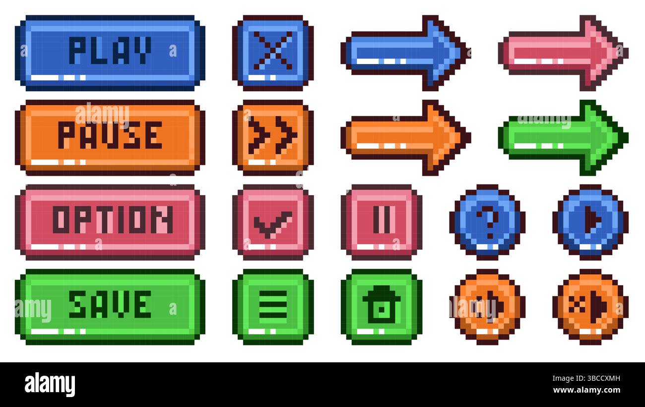 Pixel buttons. Retro video game or app navigation, menu panel elements ...