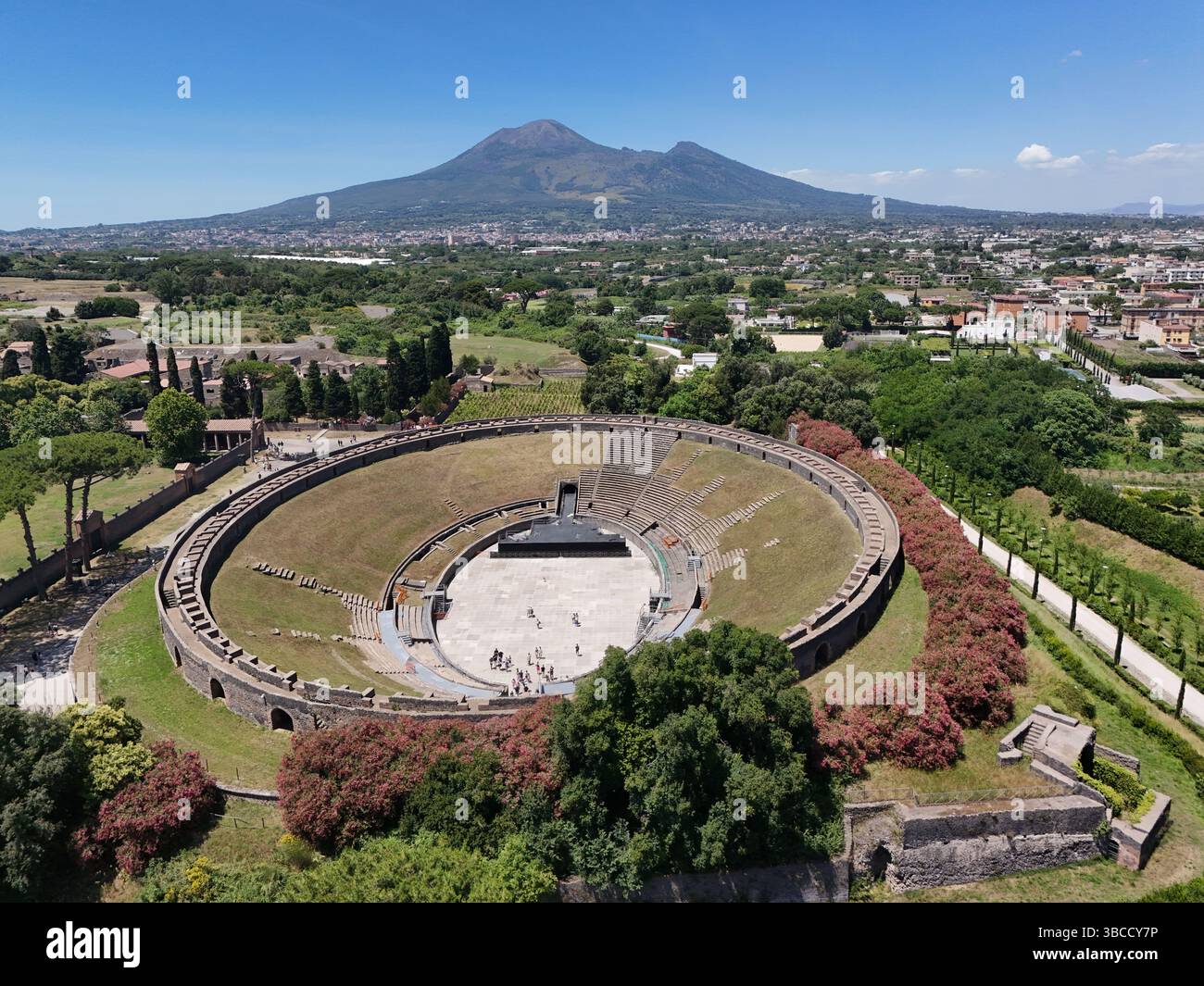 aerial view of the Amphitheatre of Pompeii in the shadow of Mount ...