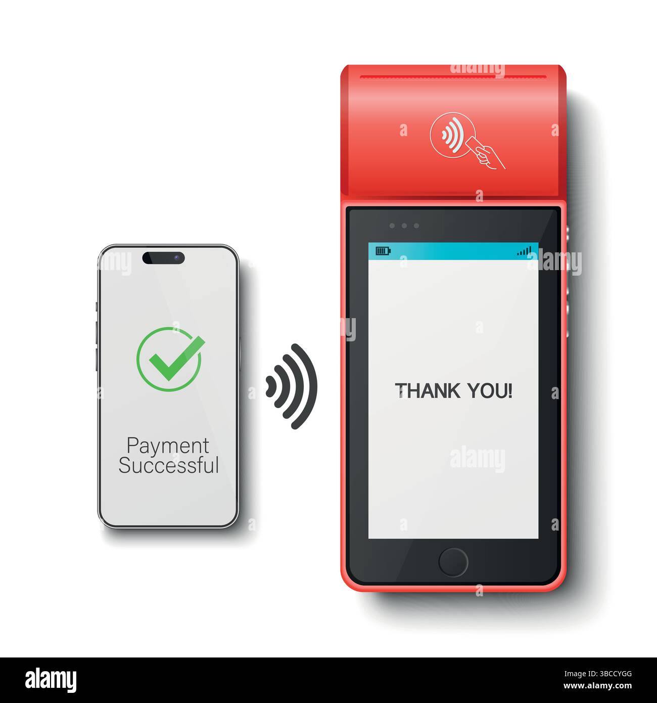 Vector 3D Realistic NFC Payment Terminal and Smartphone Closeup. Approved Payment, Successful ...