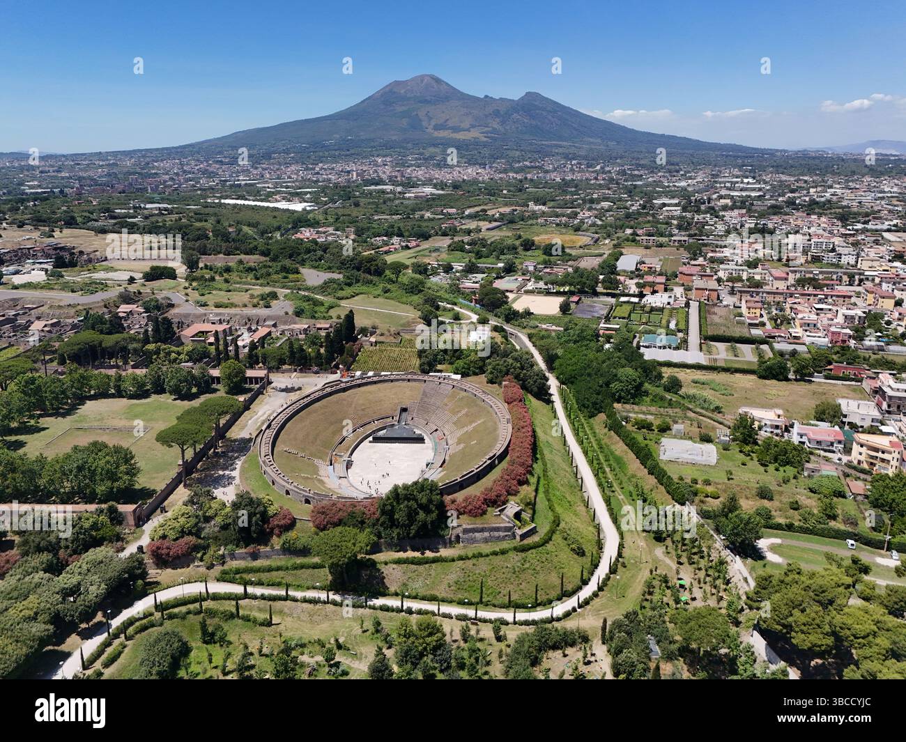 aerial view of the Amphitheatre of Pompeii in the shadow of Mount ...