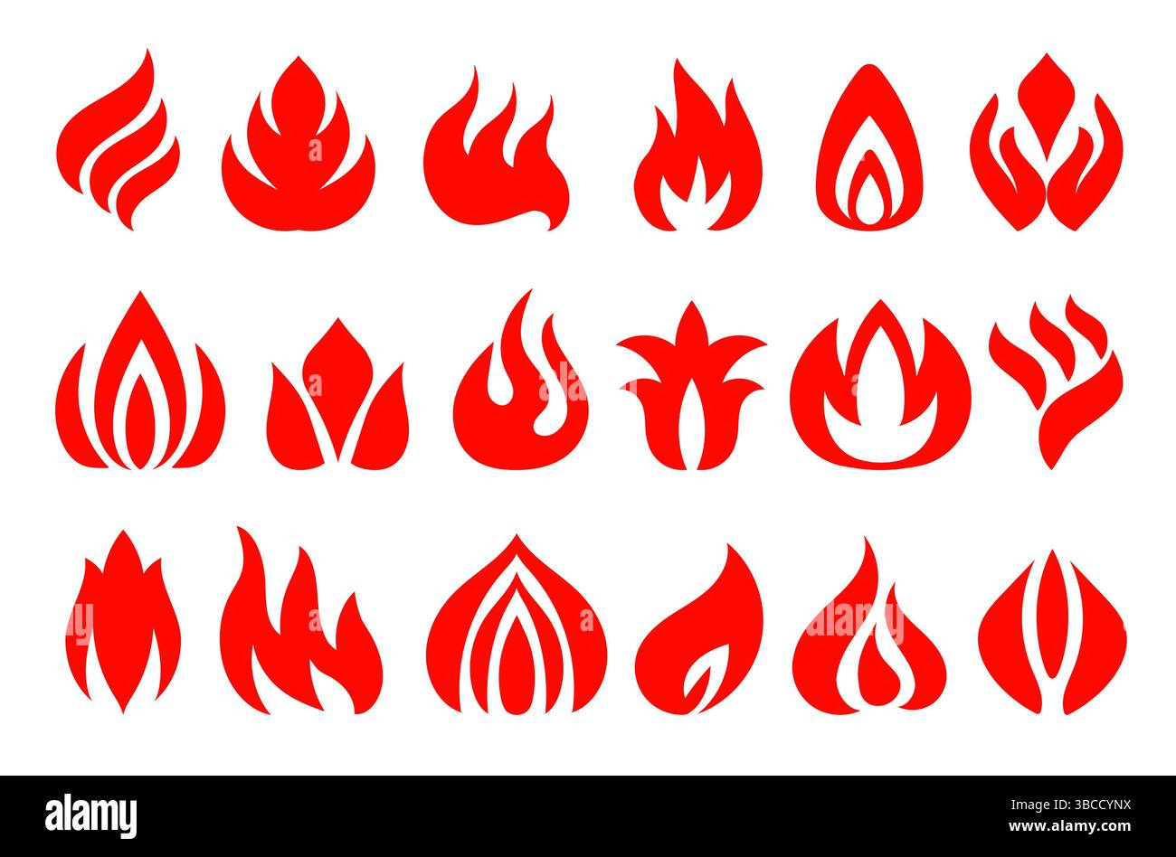 Flame icons. Simple fire silhouette, stylized signs, different styles ...