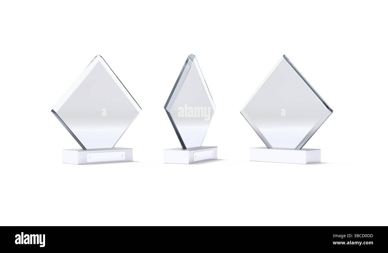 Blank glass rhombus award mockup, different angles views, 3d rendering ...