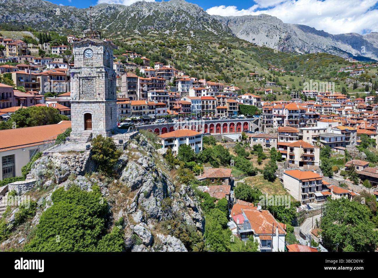 Aerial view of Arachova, Greece, with the iconic clock tower and ...