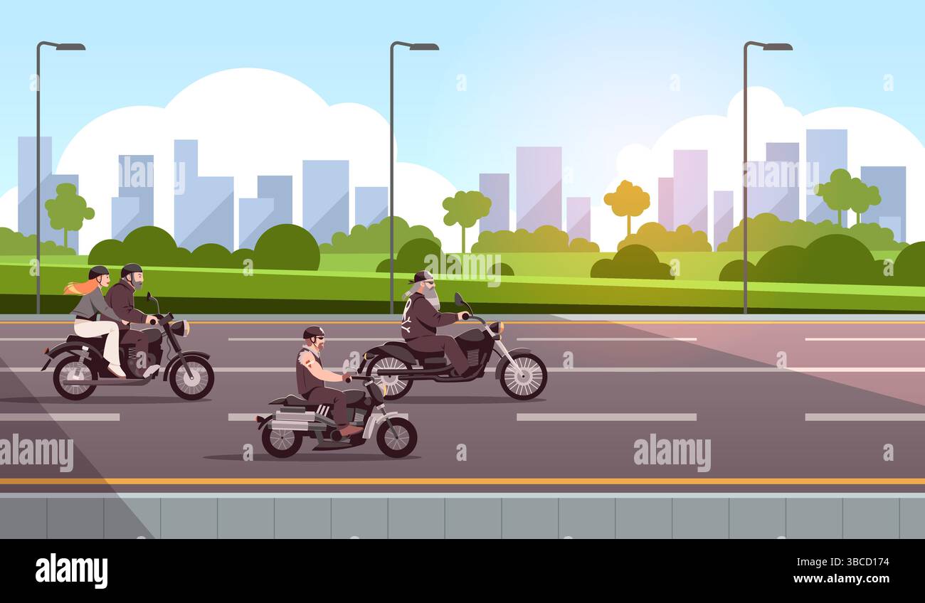 Motorbike riders. Bikers group on city highway, rockers on motorcycles ...