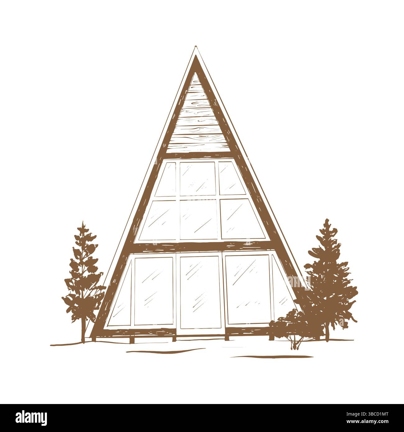 Triangular house A-frame hut and tree fir vector illustration in linear ...