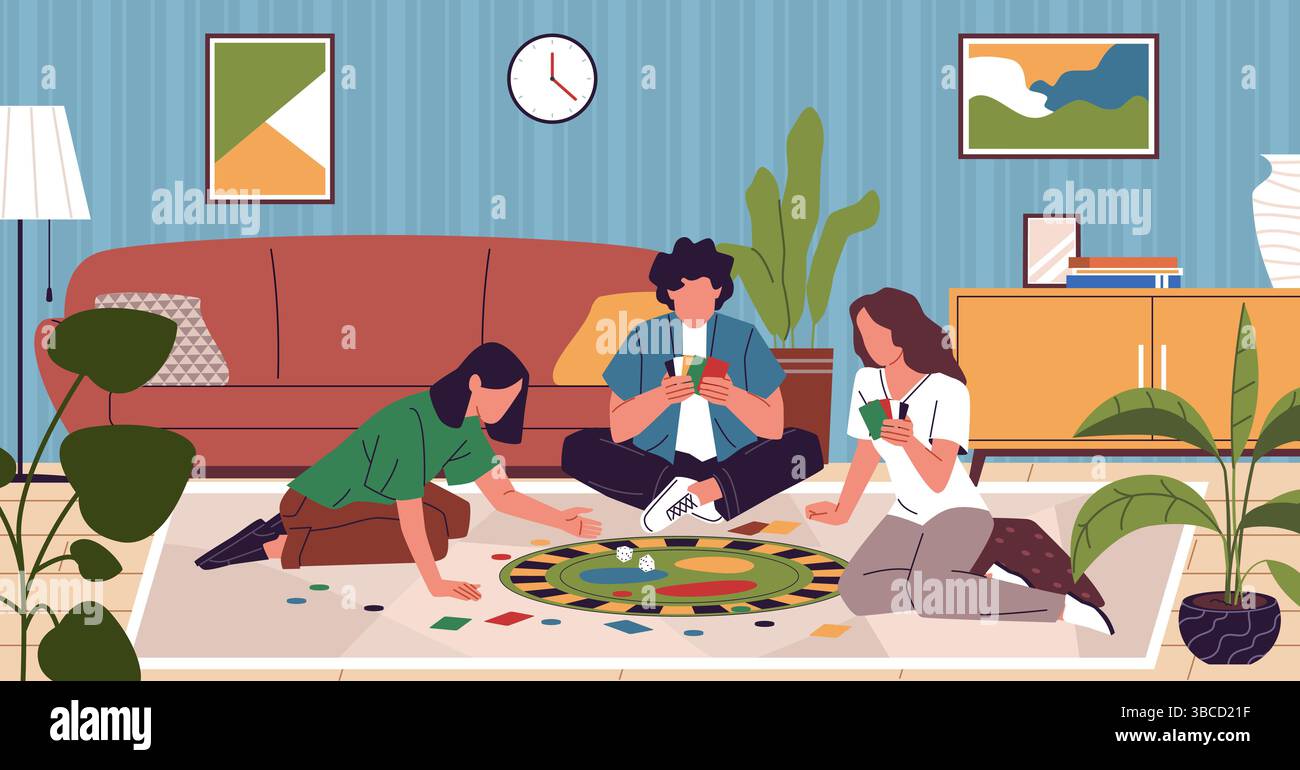 Friends playing role game. Board games at home, happy people roll dice ...