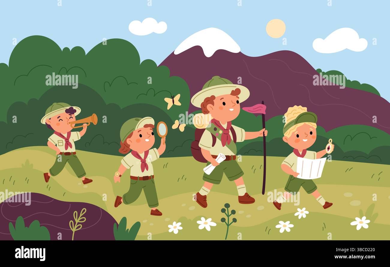 Kids go camping. Little scouts kids on nature, funny rangers, orientation on map, outdoor ...