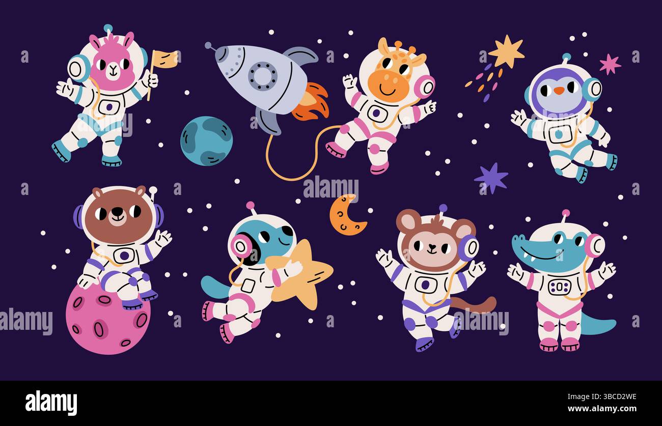 Cartoon animals astronauts. Cute fauna characters in space suits, kids ...