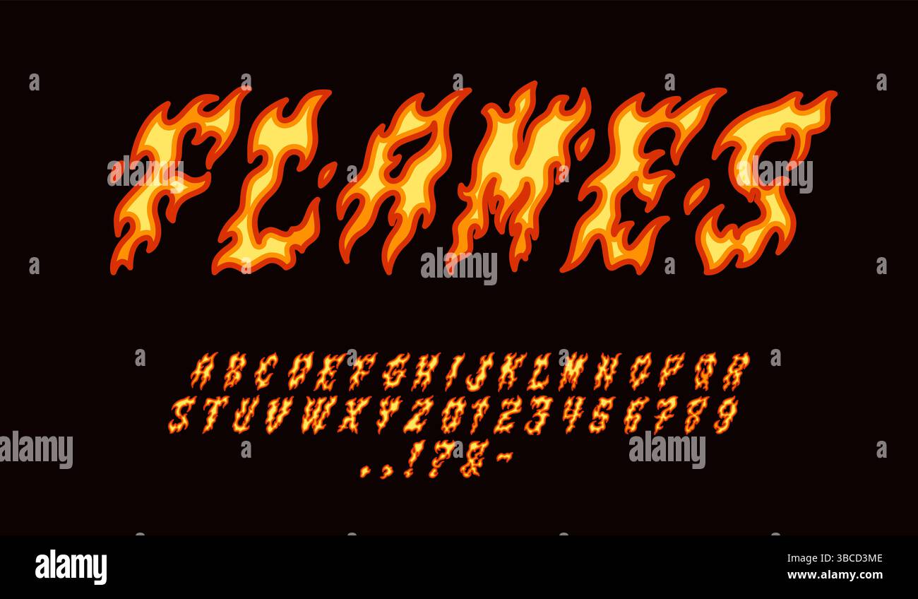 Burning font. Flame letters and numbers, fire alphabet, bonfire magic ...
