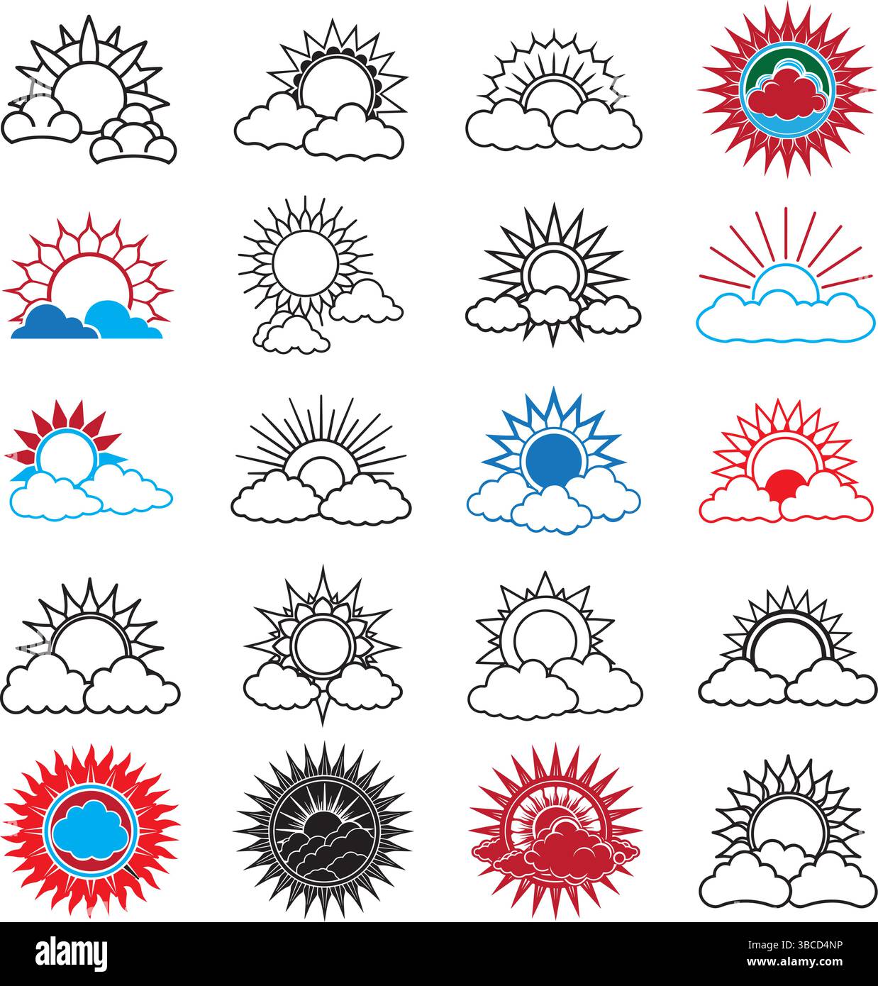 Sun and Clouds Weather Icons Set - Colorful Line Art Weather Symbols ...