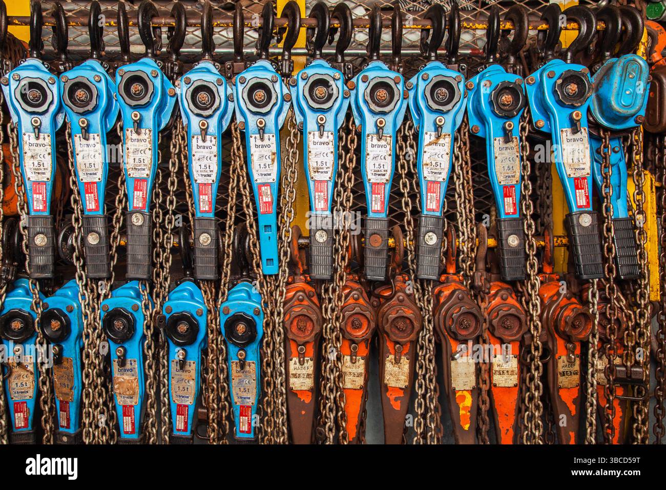 Amsterdam, Netherlands - 06.02.2020: Lever chain hoists at the factory ...