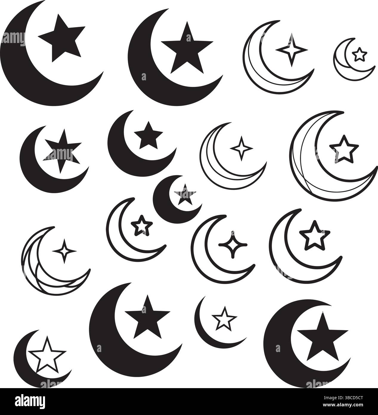 Set of 16 Crescent Moon and Star Line Art Illustrations Stock Vector ...