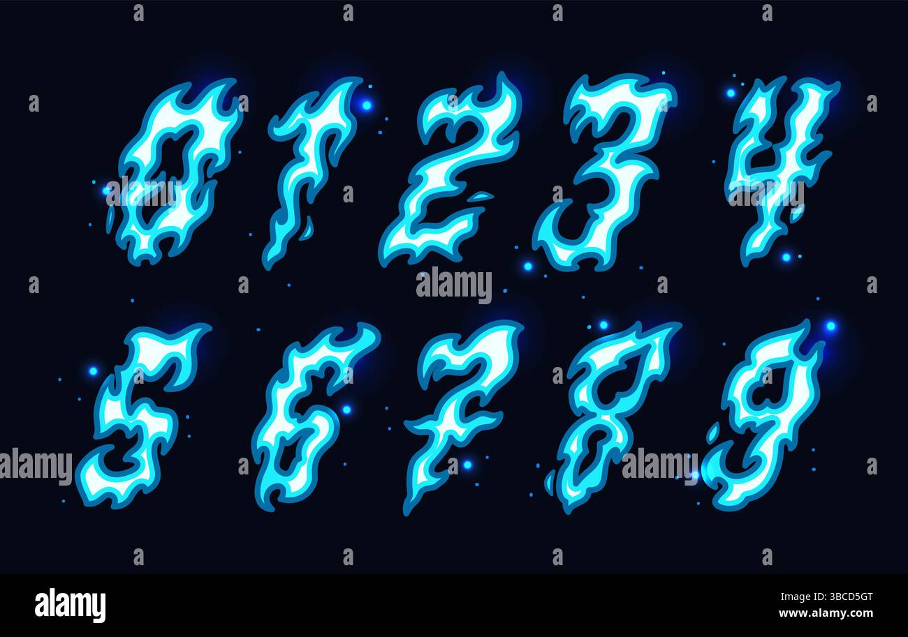 Burning blue numbers. Magic flame font, game ui asset, cold fire ...