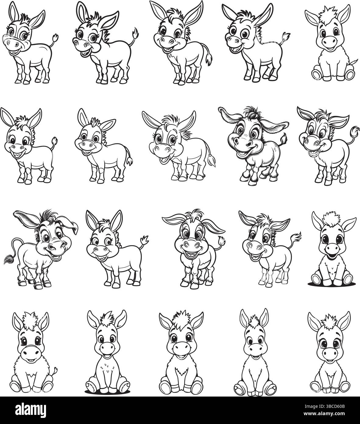 Cute Cartoon Donkey Illustrations: Adorable Farm Animal Art Set Stock ...