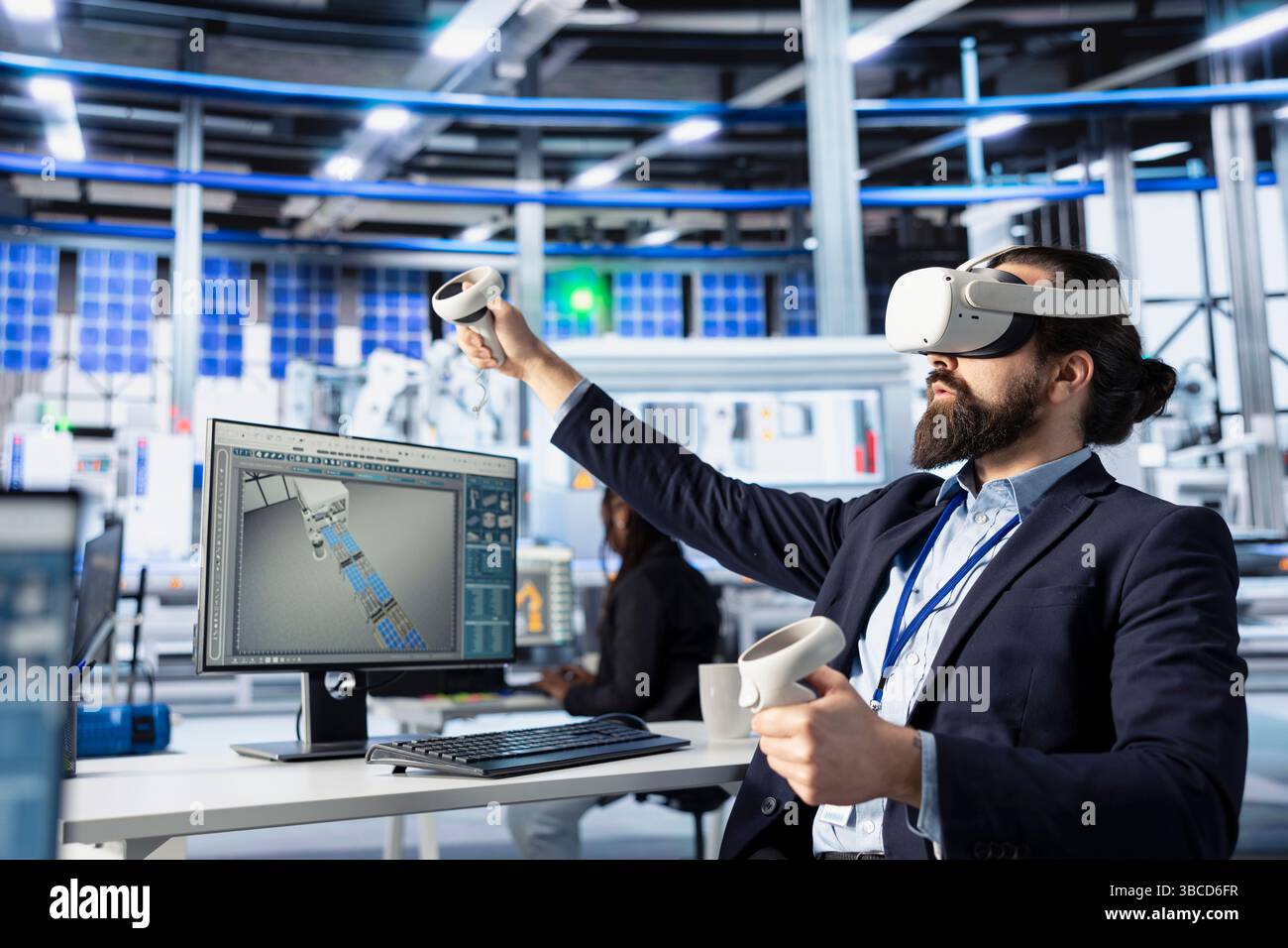 Photovoltaics factory technician using VR goggles to do performance ...