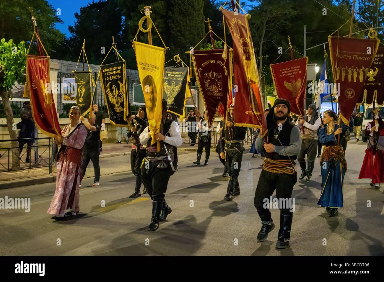 Pontic Greeks in traditional costume march in Athens during a ...