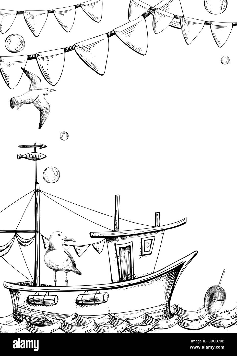 Fishing boat with sails and mast, flying seagull, float on water, with ...