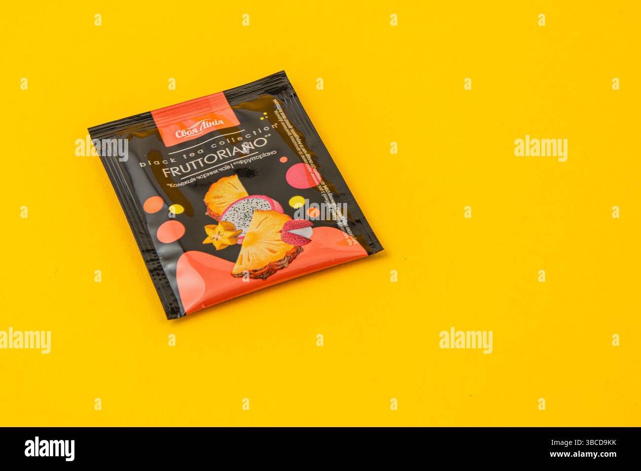 Lviv Ukraine 05.06.25 A colorful packet of fruit tea features tropical ...